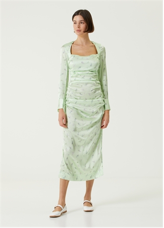 Ganni Kadın Yeşil Kare Yaka Çiçekli Midi İpek Elbise 36 FR