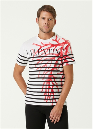 Valentino Erkek Siyah Beyaz Çizgili Mercan Detaylı T-shirt Kırmızı XL EU