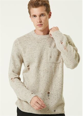 Helmut Lang Erkek Bej Yıpratma Detaylı Cepli Yün Kazak S EU