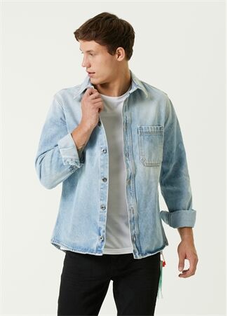 Off-White Erkek Mavi Logo Detaylı Denim Dış Gömlek L EU