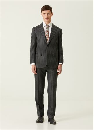 Kiton Erkek Gri Çizgi Desenli Yün Takım Elbise 48 IT
