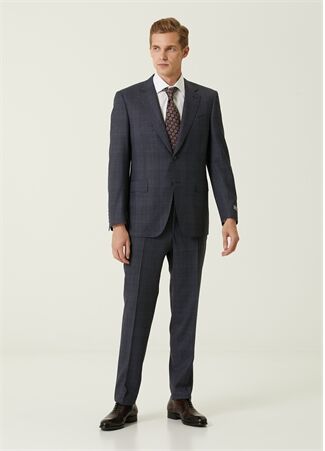 Canali Erkek Mavi Kareli Yün Takım Elbise Lacivert 50 IT