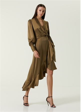 Zimmermann Kadın Haki Asimetrik Midi İpek Kruvaze Elbise Yeşil 0 US