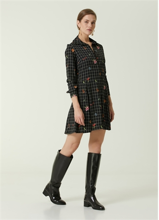 Beymen Club Kadın Siyah Kareli Çiçek Desenli Mini Gömlek Elbise 42