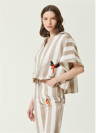 Les Benjamins Kadın Gri Çizgili Nakış Detaylı Bluz L Eu