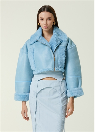 Jacquemus Kadın Mavi Shearling Detaylı Crop Deri Ceket 36 FR Jacquemus Kadın Mavi Shearling Detaylı Crop Deri Ceket 36 FR