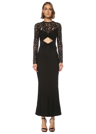 Rasario Kadın Siyah Dantelli Uzun Kol Maksi Abiye Elbise 36 FR