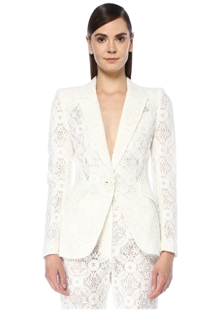 Alexander McQueen Kadın Beyaz Tek Düğmeli Dantel Ceket 40 IT