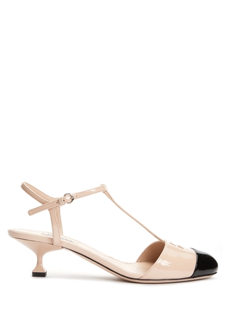 Miu Kadın Bej Siyah Logolu Deri Topuklu Ayakkabı 36 Eu