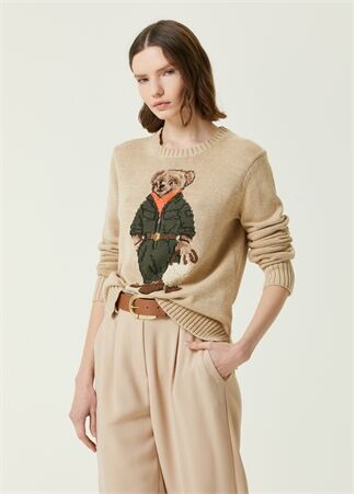 Polo Ralph Lauren Kadın Bear Bej Bisiklet Yaka Kazak XS EU