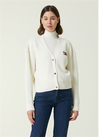 Tommy Jeans Kadın Beyaz V Yaka Logolu Hırka M EU