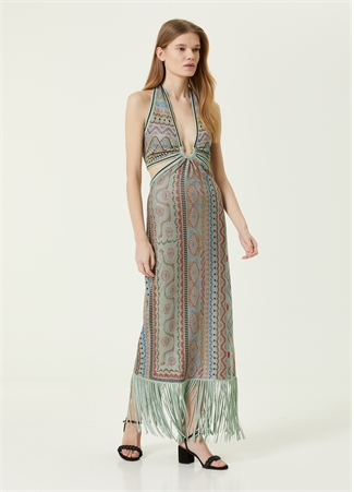 Etro Kadın Yeşil V Yaka Desenli Maksi Elbise 42 IT