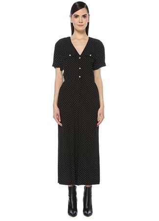 Maje Kadın Siyah V Yaka Puantiyeli Bol Paça Midi Tulum 34 FR