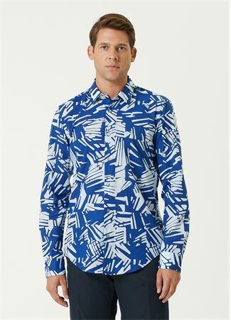 Boss Erkek Mavi İngiliz Yaka Desenli Gömlek M EU