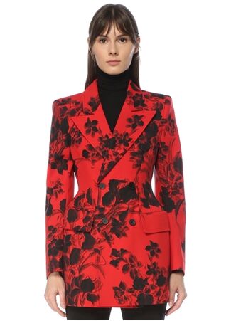 Balenciaga Kadın Kırmızı Siyah Çiçekli Kruvaze Yün Ceket 38 FR