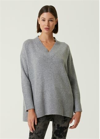Academia Kadın Gri V Yaka Bol Kesim Yün Kazak XS/S