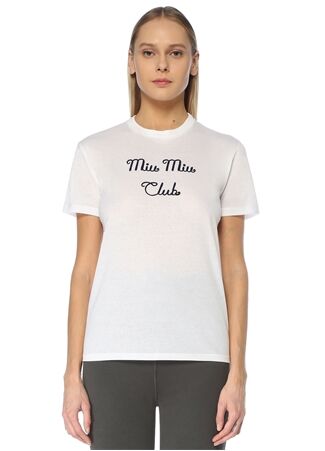 Miu Kadın Beyaz Bisiklet Yaka Logolu T-shirt S EU
