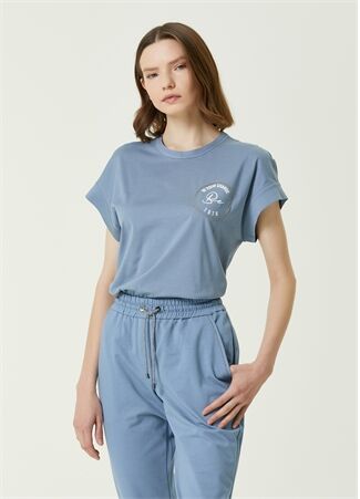 Brunello Cucinelli Kadın Mavi Bisiklet Yaka Baskılı T-shirt S EU