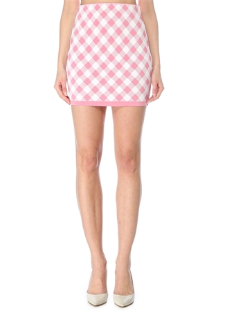 Balmain Kadın Pembe Beyaz Kareli Mini Triko Etek 36 FR