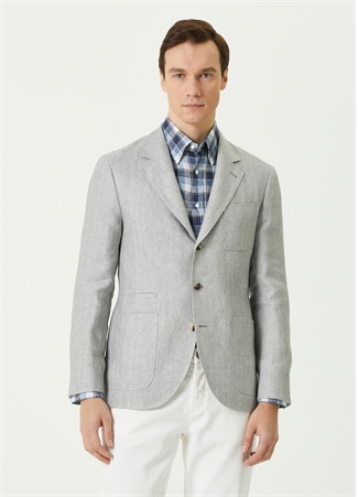 Brunello Cucinelli Erkek Gri Dokulu Keten Ceket 54 IT