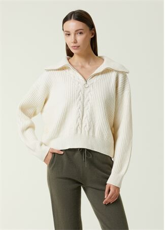 Sandro Kadın Krem Dik Yaka Fermuarlı Yün Kazak Bej 0 US