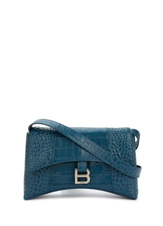 Balenciaga Kadın Downtown Petrol Krokodilli Deri Omuz Çantası Mavi EU