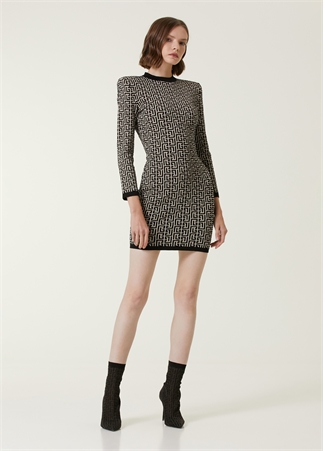 Balmain Kadın Siyah Beyaz Desenli Mini Triko Elbise 36 FR Balmain Kadın Siyah Beyaz Desenli Mini Triko Elbise 36 FR