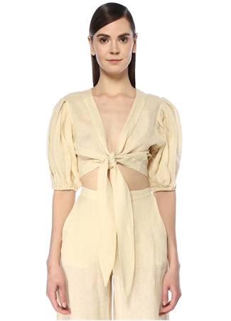 Lisa Marie Fernandez Kadın Bej Bağcıklı Balon Kol Crop Keten Bluz S EU