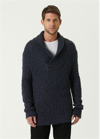 Pal Zileri Erkek Mavi Yakası Düğmeli Saç Örgü Dokulu Kazak 50 IT