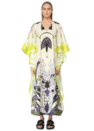 Valentino Kadın Yeşil Beyaz V Yaka Desenli Maksi Kaftan 40 IT