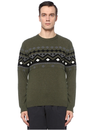 Beymen Club Erkek Yeşil Geometrik Jakarlı Yün Kazak Haki S