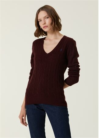 Polo Ralph Lauren Kadın Bordo V Yaka Saç Örgü Yün Kazak XS EU