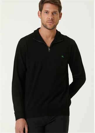 Etro Erkek Siyah Yakası Fermuarlı Yün Kazak XL EU