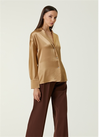 Vince Kadın Koyu Bej Kelebek Yaka İpek Gömlek S EU