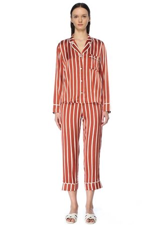 House of Silk Kadın Timeless Kiremit Çizgili İpek Pijama Takımı Kırmızı XS EU