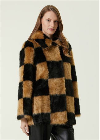 Stand Kadın Nani Siyah Bej Kareli Suni Kürk Ceket 36 FR