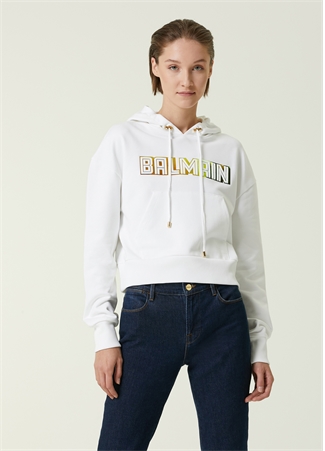 Balmain Kadın Beyaz Gold Kapüşonlu Logolu Sweatshirt S EU Balmain Kadın Beyaz Gold Kapüşonlu Logolu Sweatshirt S EU