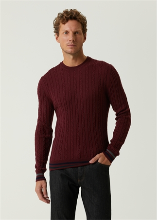 Canali Erkek Bordo Şeritli Saç Örgü Yün Kazak 54 IT