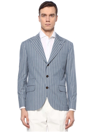 Brunello Cucinelli Erkek Mavi Kelebek Yaka Çizgili Ceket 52 IT