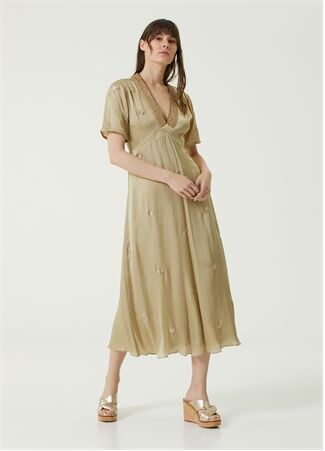 Maksu Kadın Oriente Haki V Yaka İşlemeli Midi Elbise S EU