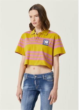 Dsquared2 Kadın Sarı Pembe Çizgili Polo Yaka Crop T-shirt XS EU
