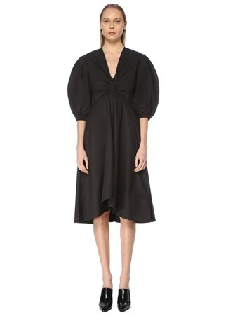 Proenza Schouler Kadın Siyah V Yaka Büzgülü Balon Kol Midi Elbise 8 US