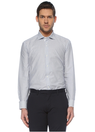 Pal Zileri Erkek Mavi İngiliz Yaka Çizgili Gömlek 4 IT
