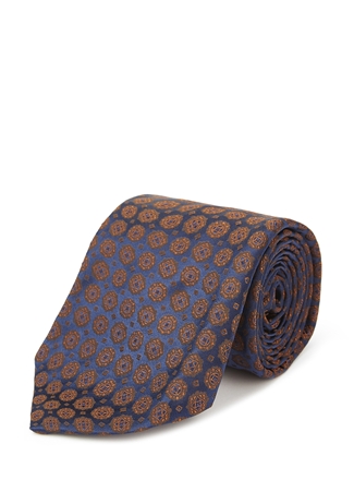 Kiton Erkek Lacivert Kahverengi Geometrik Desenli İpek Kravat EU