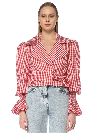 Balmain Kadın Kırmızı Pötikareli Balon Kol Kruvaze Bluz 36 FR