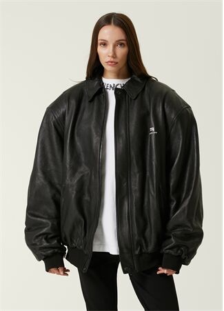 Balenciaga Kadın Siyah Logo Baskılı Deri Ceket S EU