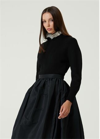 Alexander McQueen Kadın Siyah Yakası Fırfırlı Yün Kazak L EU