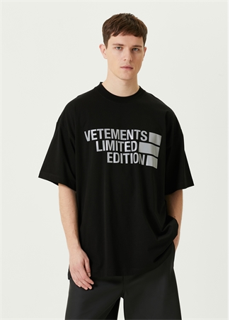 VETEMENTS Erkek Siyah Bisiklet Yaka Logolu T-shirt S EU