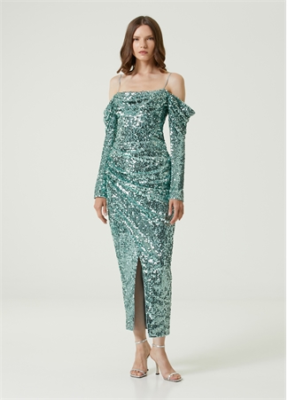 Rasario Kadın Mint Düşük Omuzlu İşlemeli Midi Kokteyl Elbise Yeşil 36 IT