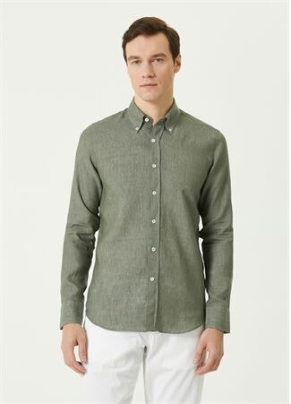 Canali Erkek Yeşil Düğmeli Yaka Keten Gömlek M EU